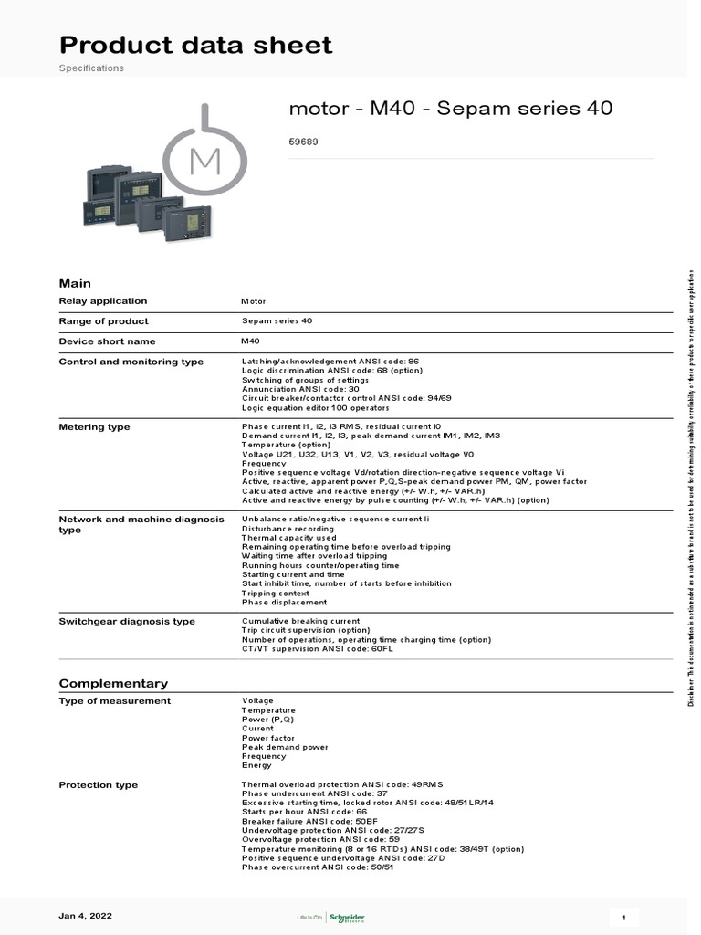 Product Data Sheet: Motor - M40 - Sepam Series 40 | PDF | Electrical ...