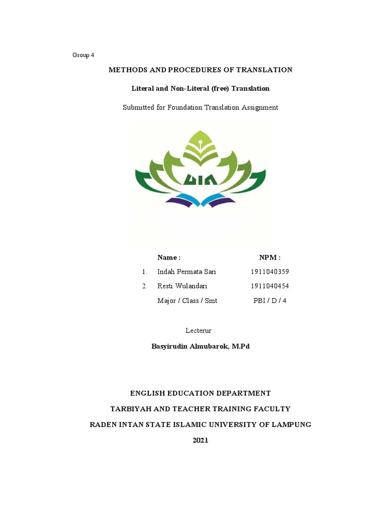 Methods and Procedures of Translation Literal and Non-Literal (Free ...