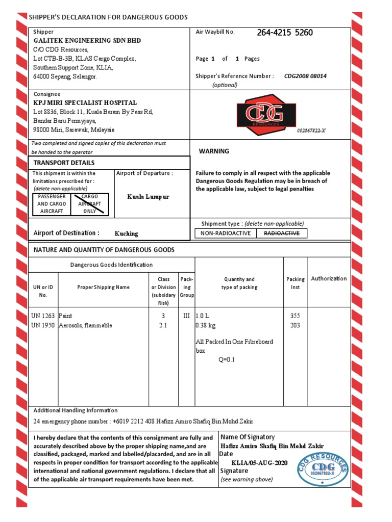 Shipper'S Declaration For Dangerous Goods 264-4215 5260: Warning ...