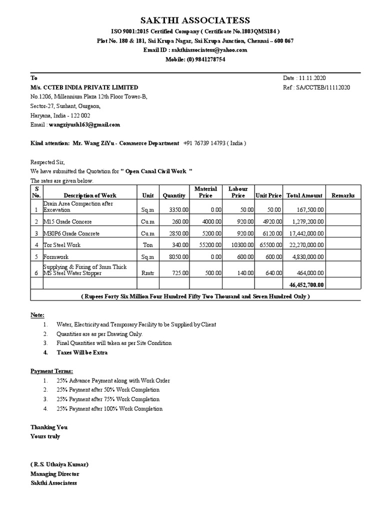 TCL Open Canal Civil Work BOQ | PDF | Economies | Economic Sectors