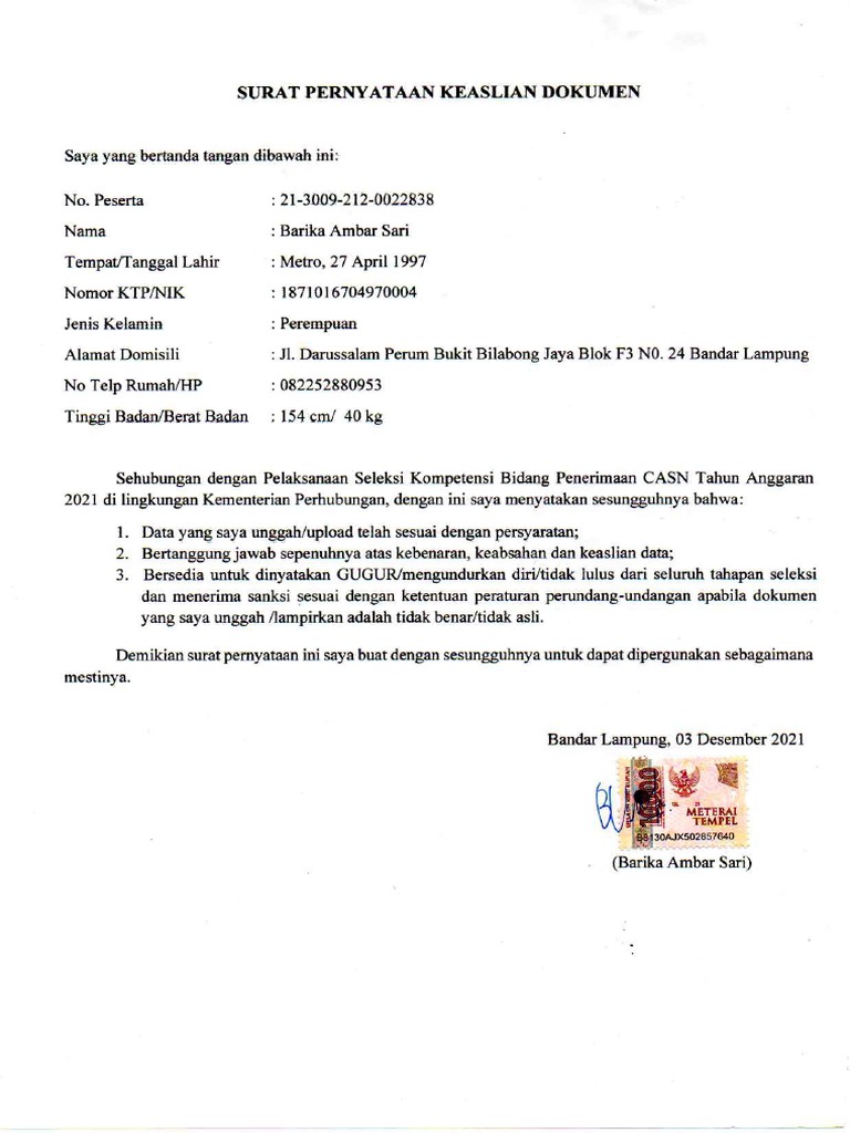 Surat Pernyataan Keaslian Dokumen | PDF Surat Pernyataan Keaslian Dokumen | PDF