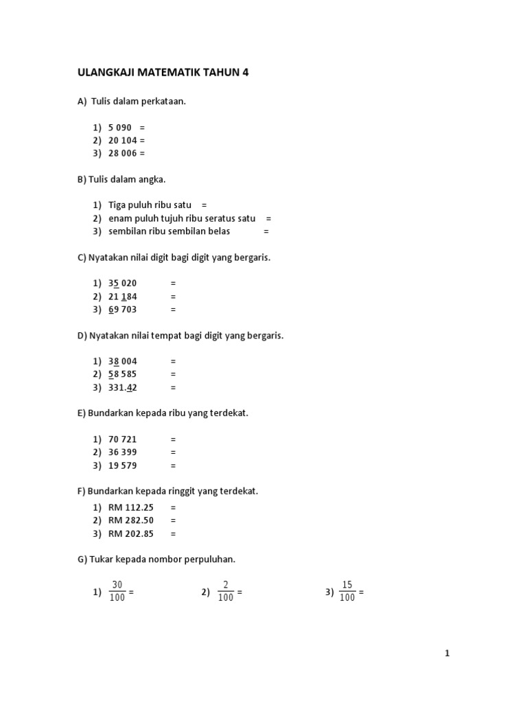 Ulangkaji Matematik Tahun 4 | PDF