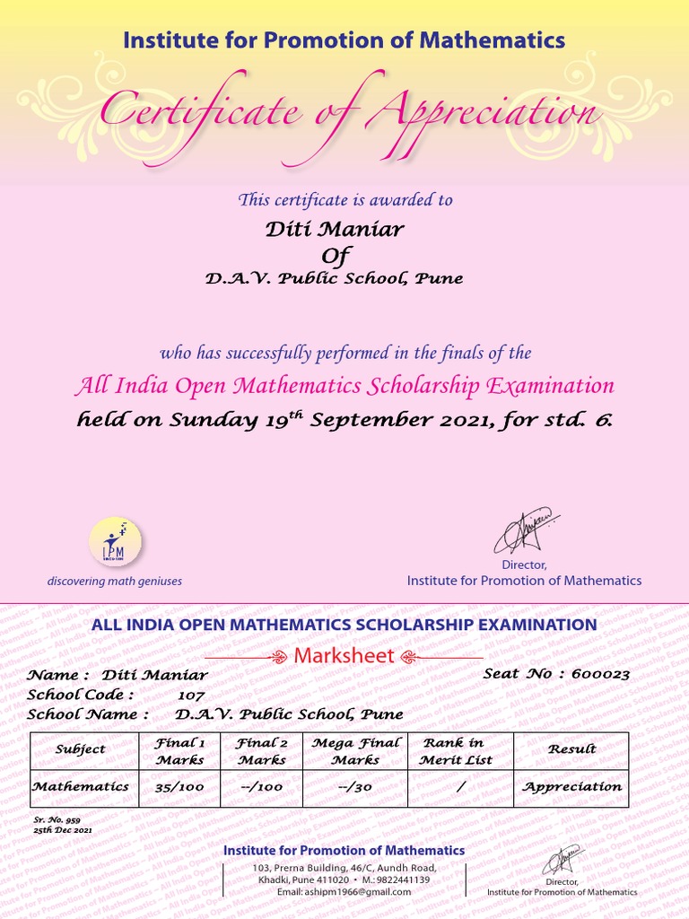Certificate of Appreciation: All India Open Mathematics Scholarship ...