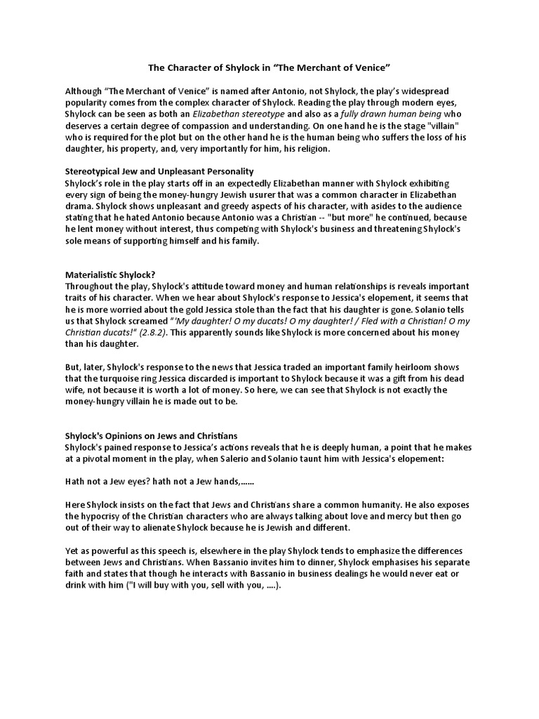 Character of Shylock | PDF | Shylock | The Merchant Of Venice