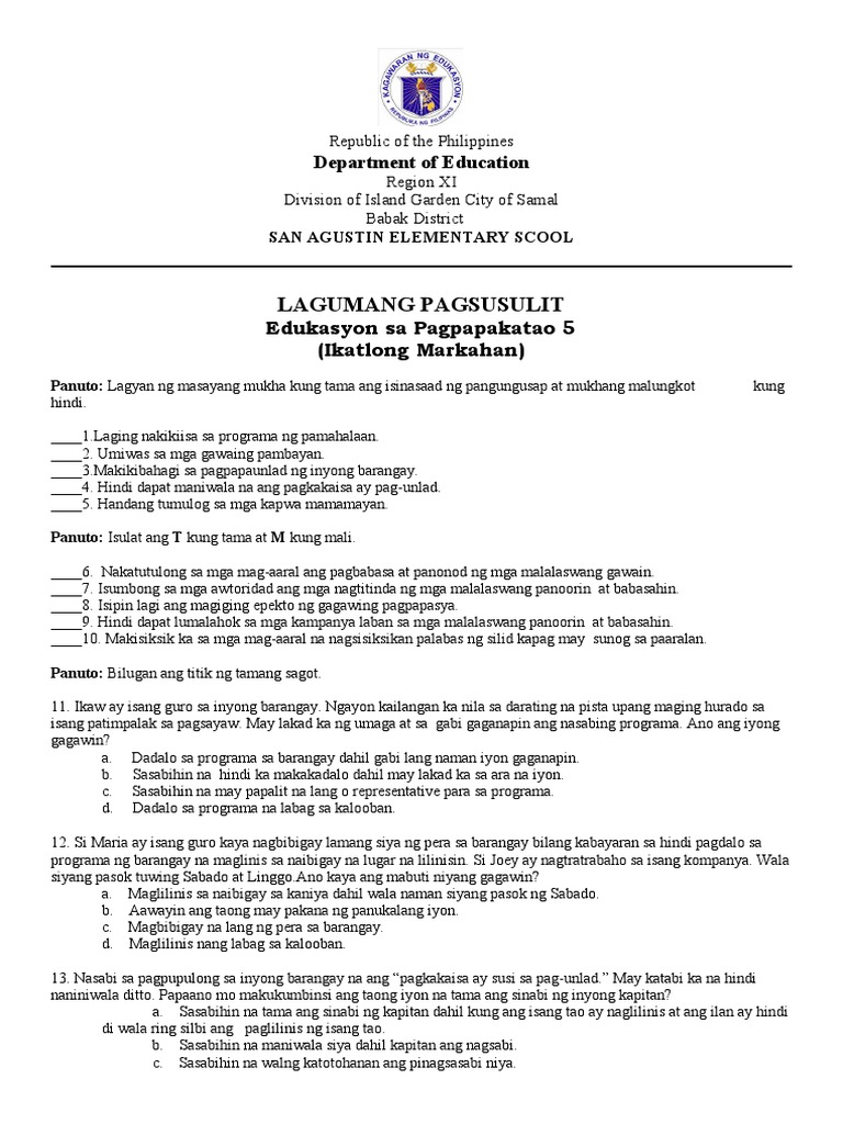 Summative Test In Esp 5 With Tos Output Pdf