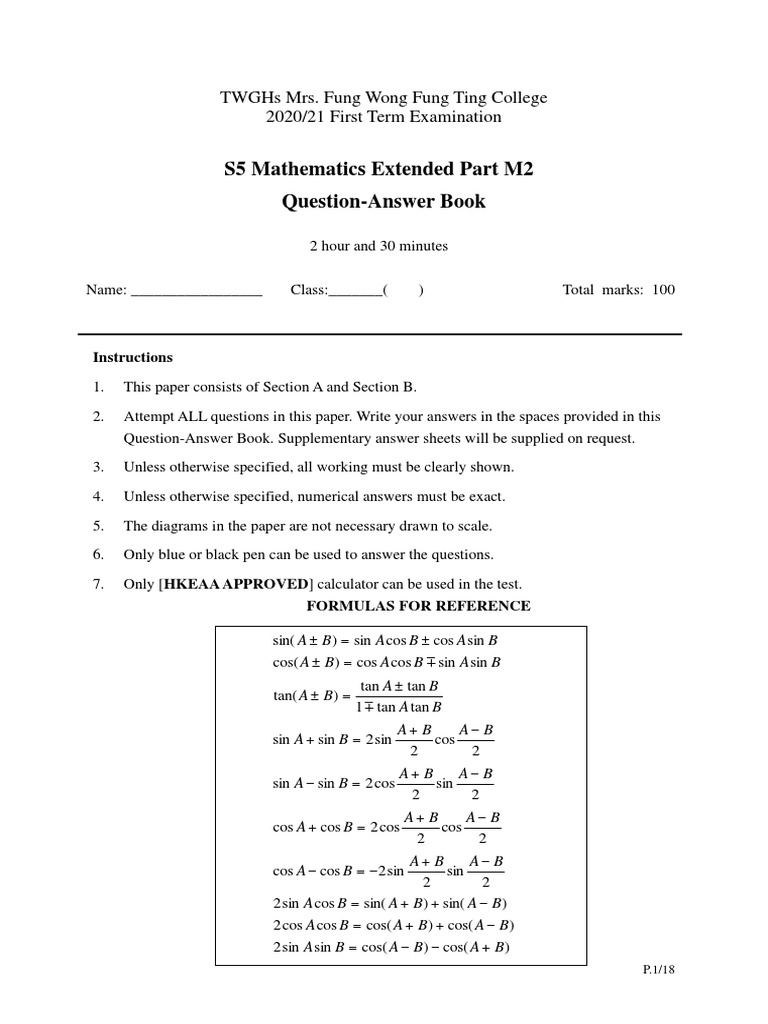 S5 Mathematics Extended Part M2 Question-Answer Book | PDF | Slope ...