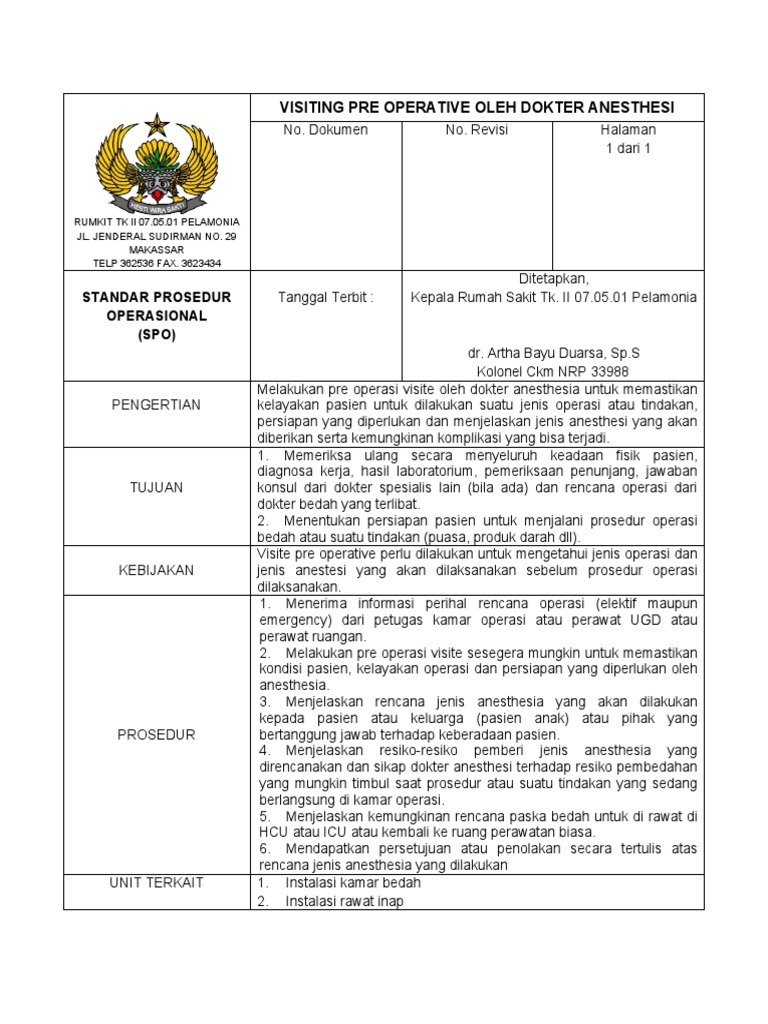 Prosedur Kunjungan Pre Operasi Anestesi | PDF