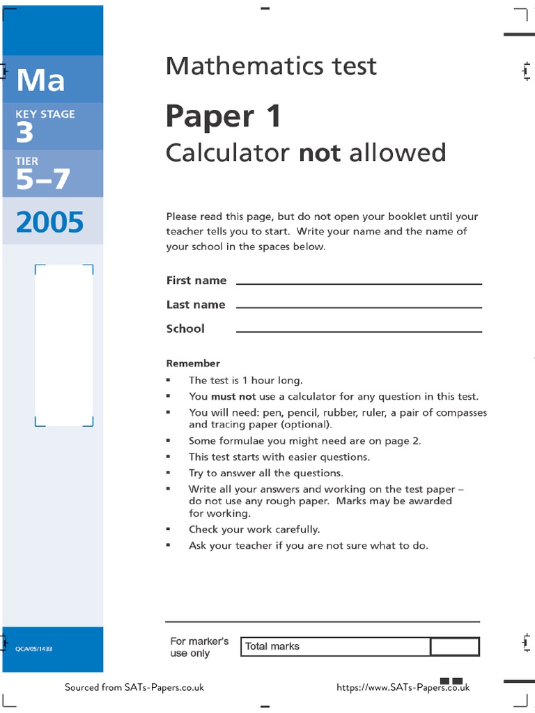 Ks3 Mathematics 2005 Level 5 7 Paper 1 | PDF | Triangle | Line (Geometry)