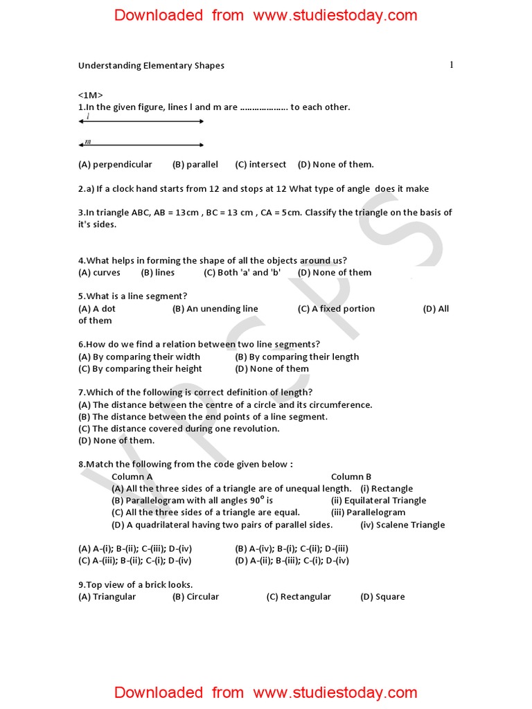 CBSE Class 6 Maths Understanding Elementary Shapes Worksheets | PDF ...
