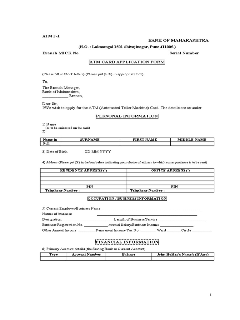 Bank of Maharashtra ATM Card Application | PDF | Automated Teller ...