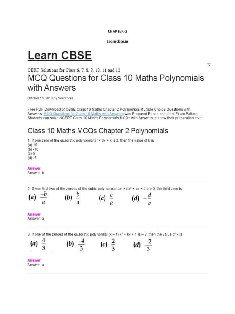 Learn CBSE: MCQ Questions For Class 10 Maths Polynomials With Answers ...