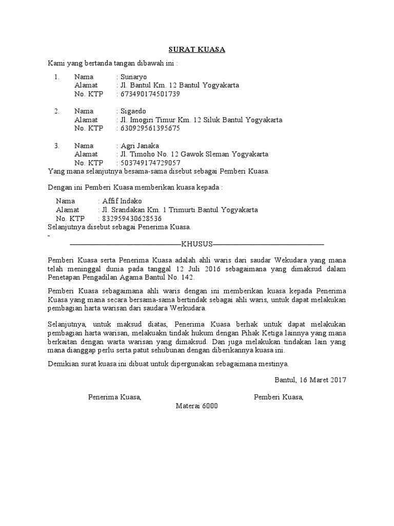 Surat Kuasa Pembagian Warisan | PDF | Hukum