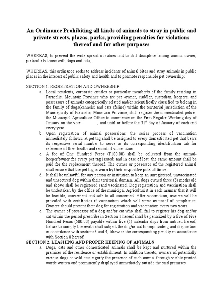 An Ordinance Prohibiting All Kinds of Animals To Stray in Public and ...