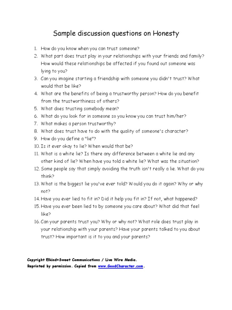 Sample Discussion Questions On Honesty: Reprinted by Permission. Copied ...