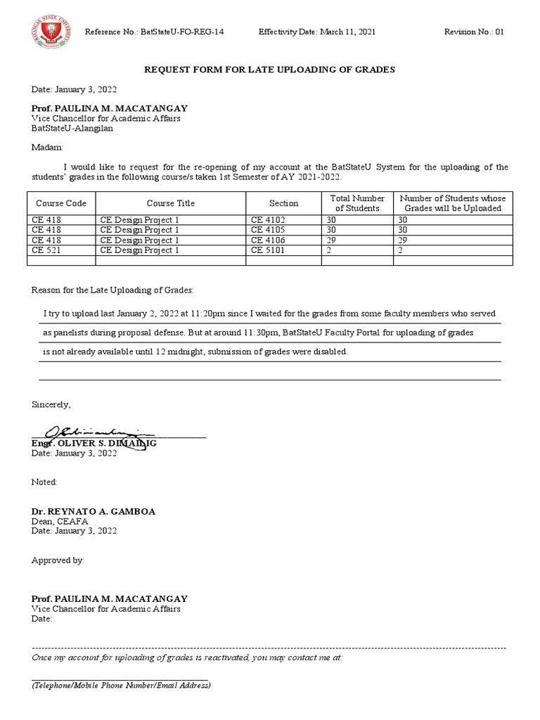 Request Form For Late Uploading of Grades | PDF | Technology & Engineering