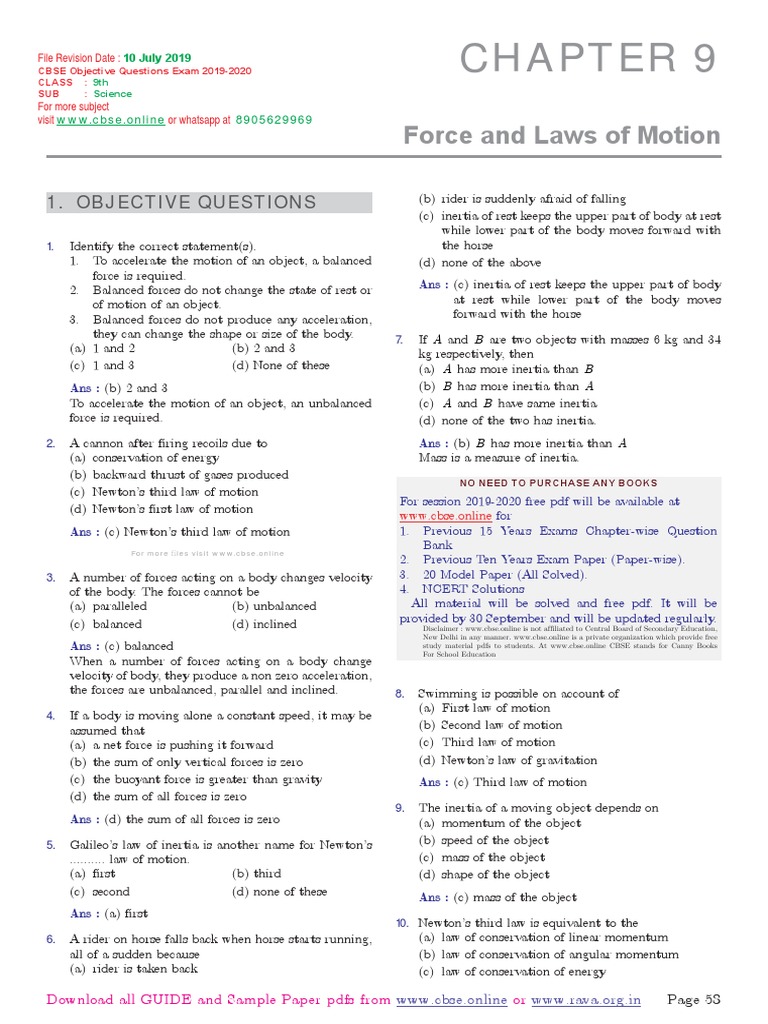 Force and Laws of Motion: 1. Objective Questions | PDF | Force | Newton ...