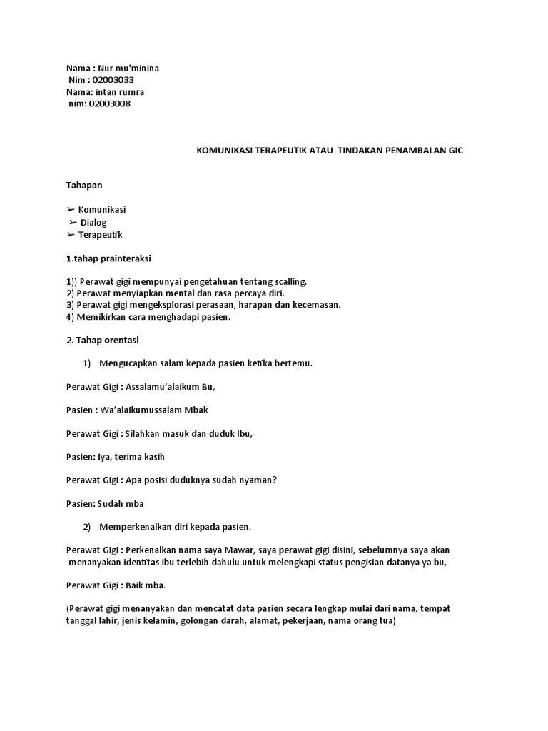 KOMUNIKASI TERAPEUTIK ATAU TINDAKAN PENAMBALAN GIC Salinan | PDF