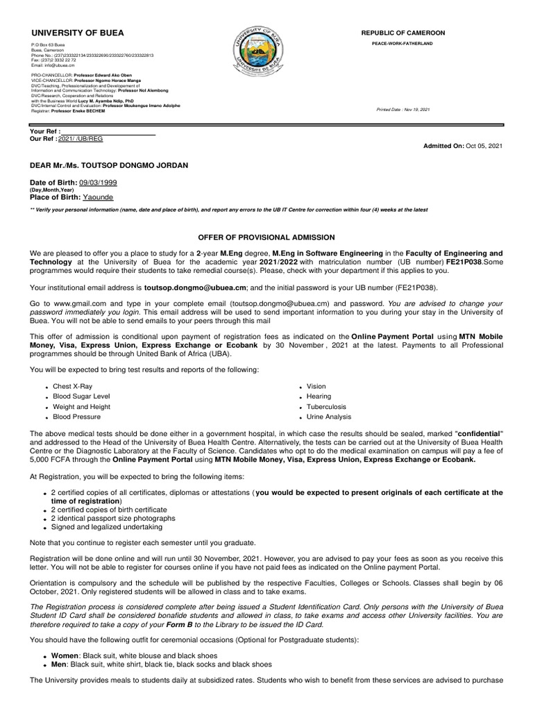 University of Buea Admission Letter | PDF | Birth Certificate