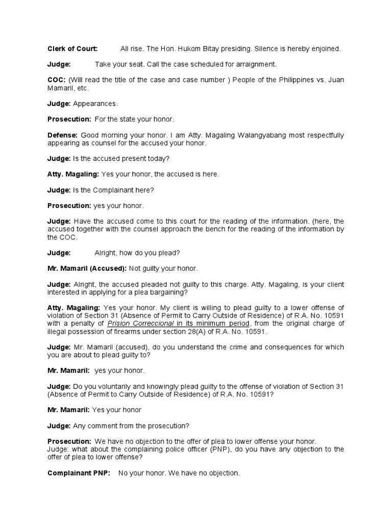 Script For Arraignment With Plea Bargaining | PDF | Plea | Arraignment