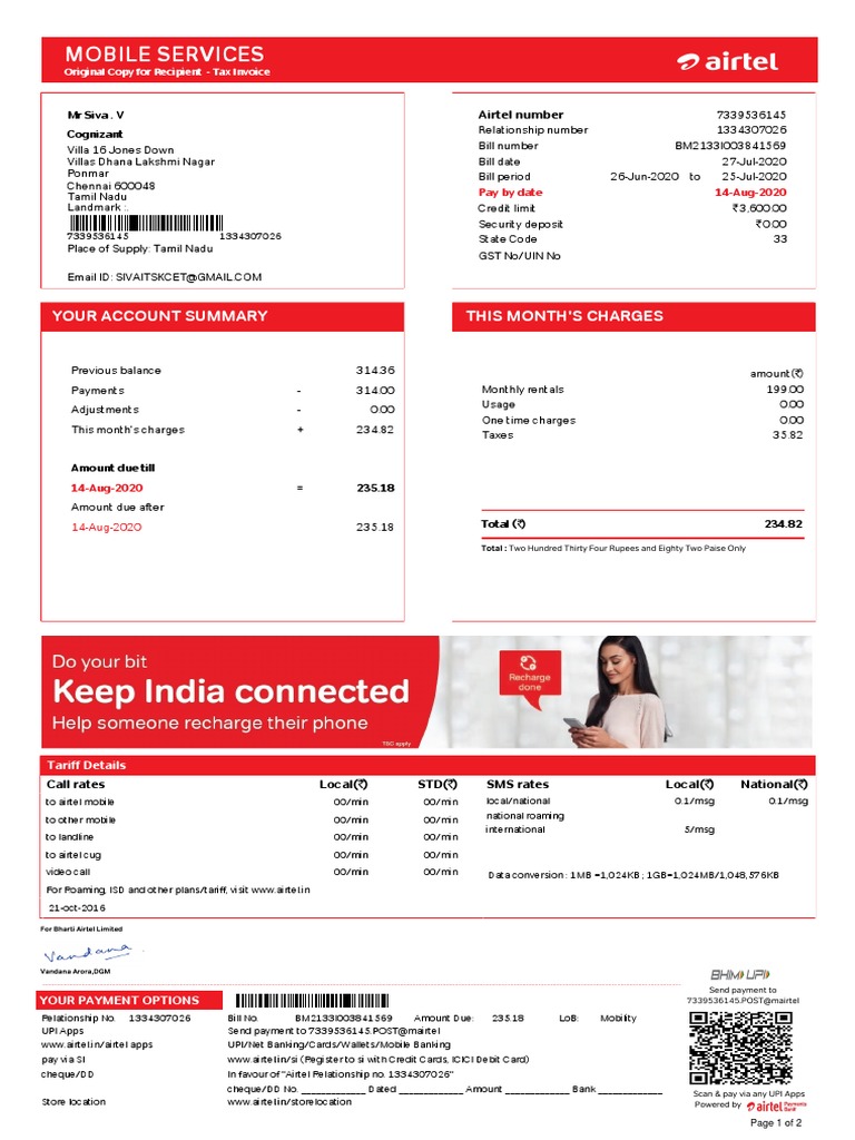 Postpaid Bill Aug | PDF | Payments | Cheque