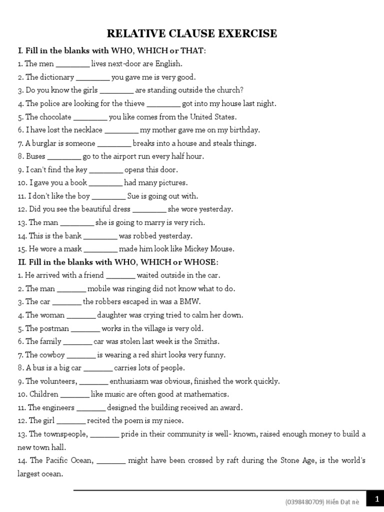 Relative Clause Exercise | PDF