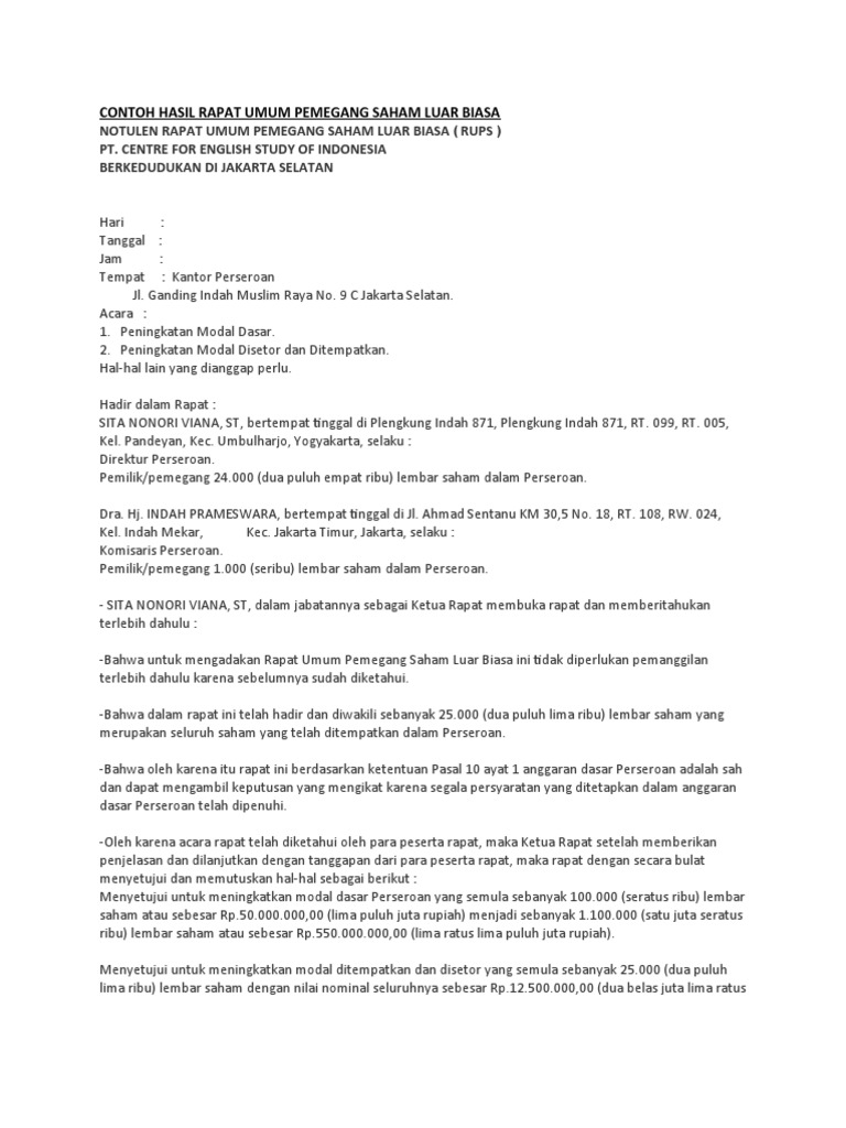 Contoh Hasil Rapat Umum Pemegang Saham Luar Biasa | PDF