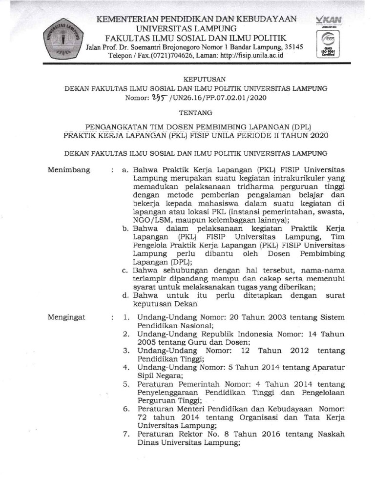 Nomor SK 295 Tim DPL PKL Fisip 2020 | PDF