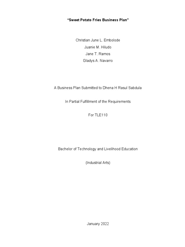 Sweet Potato Fries Business Plan | PDF | Marketing | Potato