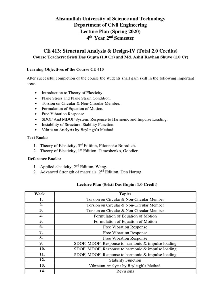 Spring 20 CE 413 (Lecture Plan) | PDF | Elasticity (Physics) | Stress ...