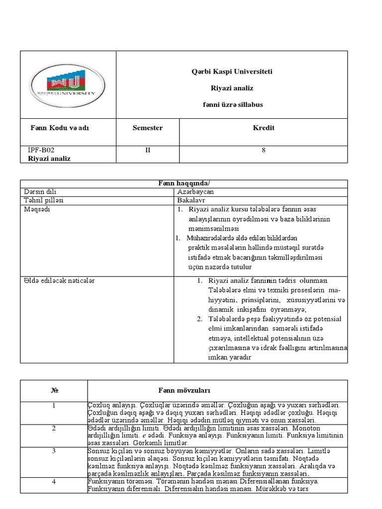 01 Mexanika Mühəndisliyi Riyazi Analiz | PDF