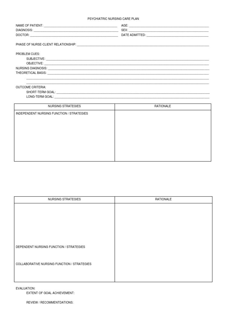 Psychiatric Nursing Care Plan Form
