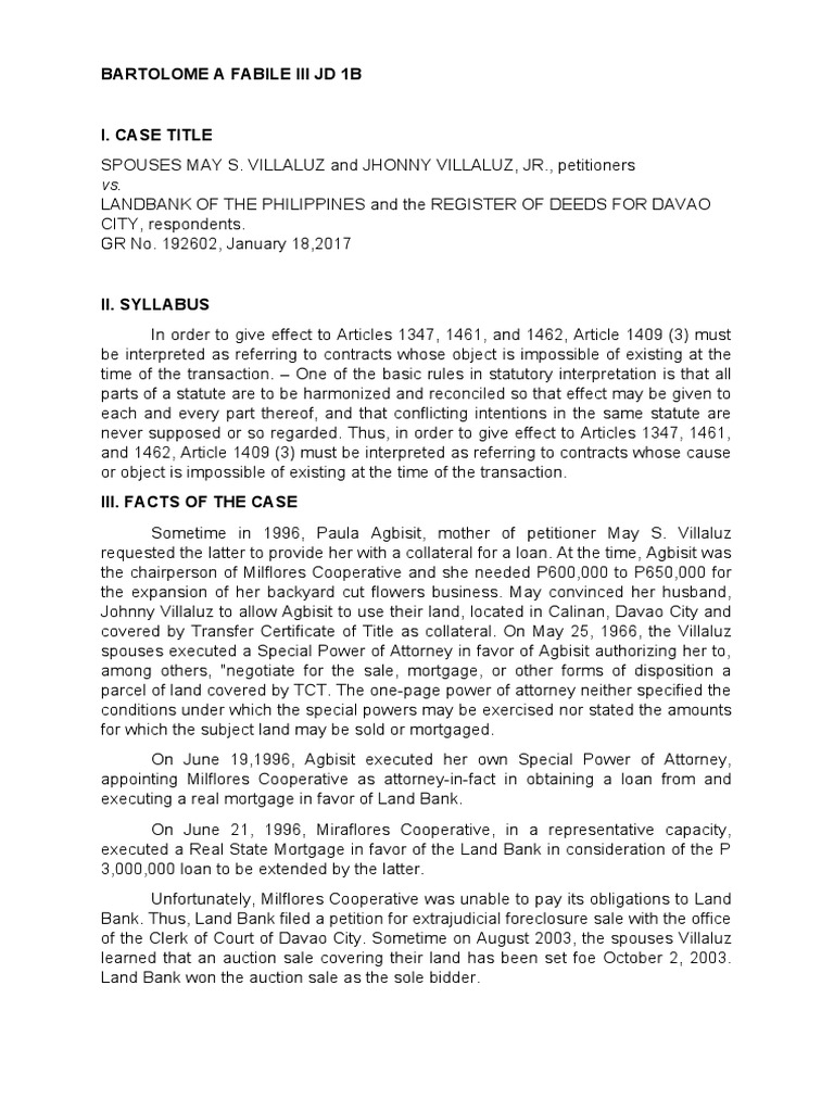 Villaluz V LBP Case Digest | PDF | Foreclosure | Power Of Attorney