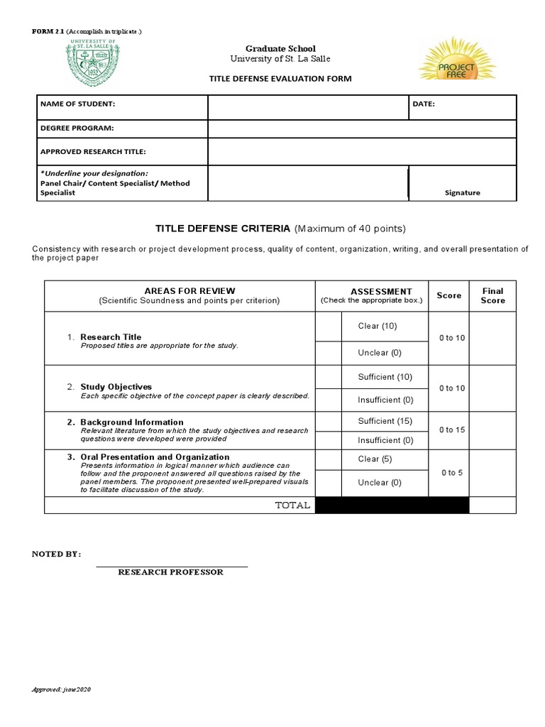 FORM 2.1 EVALUATION SHEET For Title Defense | PDF | Evaluation ...