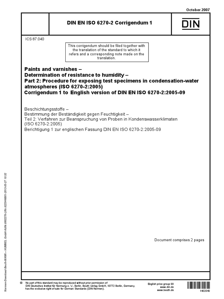 Din en Iso 6270 Corrigendum 1 - en - 01 | PDF | International Organization For Standardization