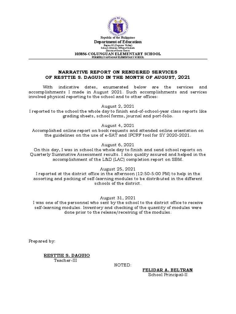 Narrative Report On Rendered Services | PDF