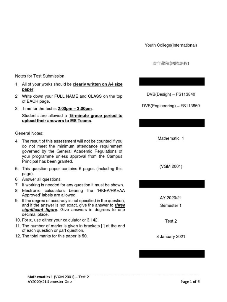 Maths 1 Test 2 Ay2021 Sem1 Main Paper V2 Pdf Mathematics
