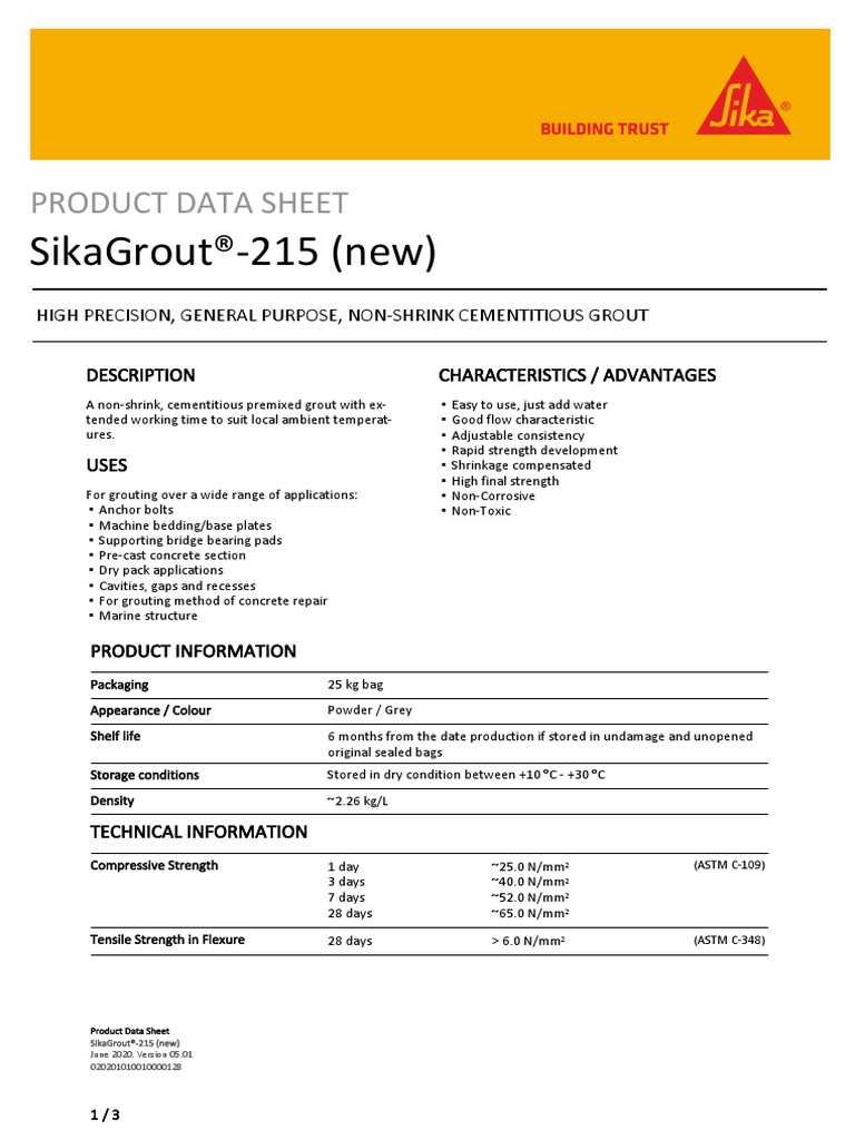 Sikagrout - 215 New | PDF | Concrete | Cement