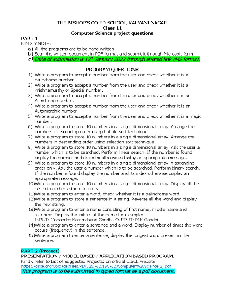 Class 11 Computer Science Project Questions | PDF | Array Data ...
