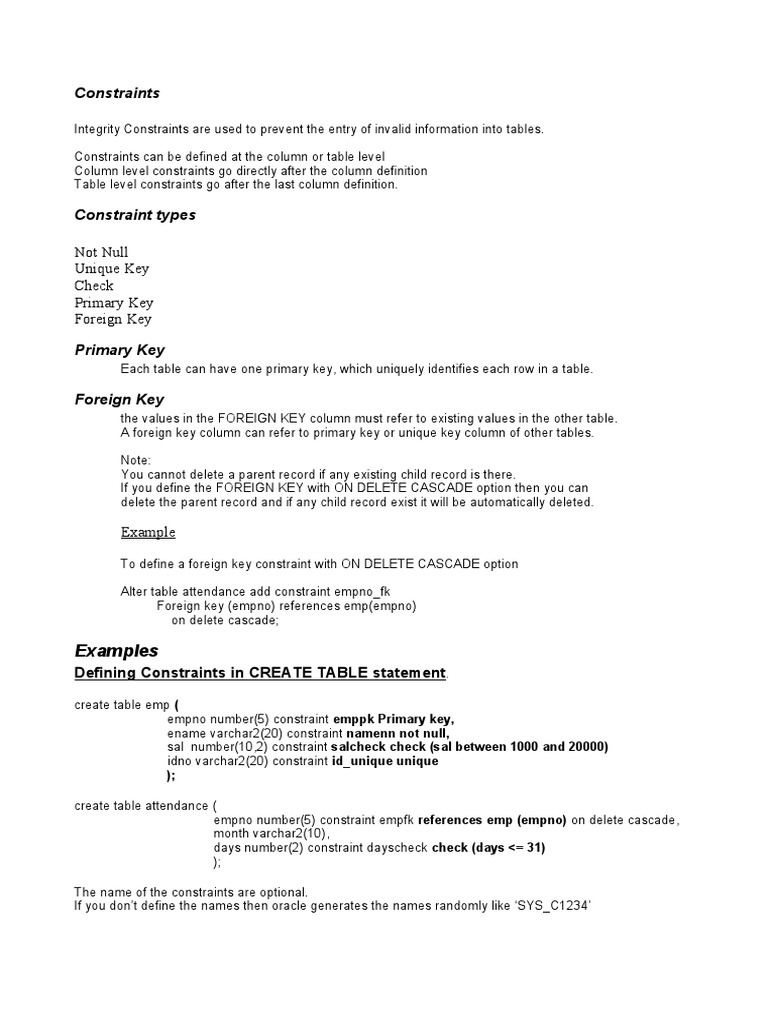 Constraints Not Null Unique Key Check Primary Key Foreign Key Pdf Computer Data