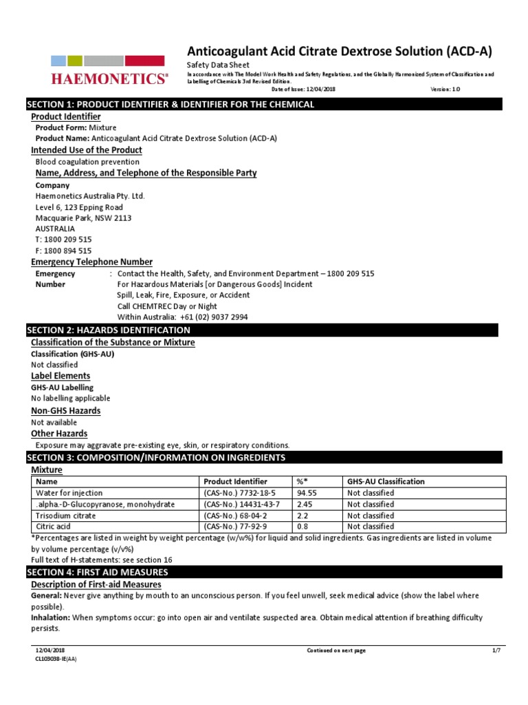 Anticoagulant Acid Citrate Dextrose Solution (ACD-A) : Section 1 ...