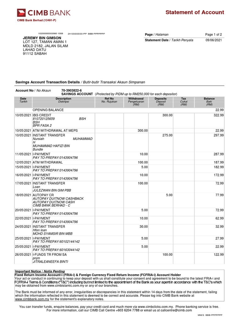 Statement of Account: Lot 127, Taman Aman 1 MDLD 2182, Jalan Silam ...