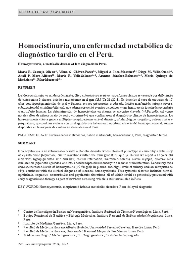 Homocistinuria, Una Enfermedad Metabólica de Diagnóstico Tardío en El ...