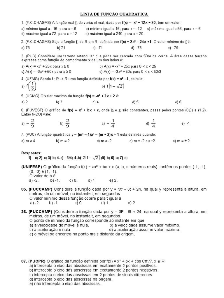 Funções Quadráticas Resolução De Exercícios Pdf Função Matemática