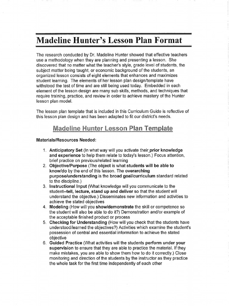 Lesson Plan Format - Madeline Hunter | PDF