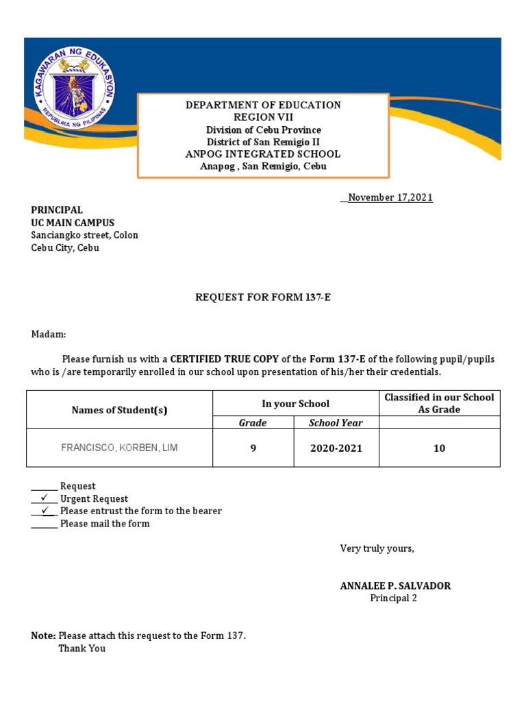 Request For Form 137 e | PDF