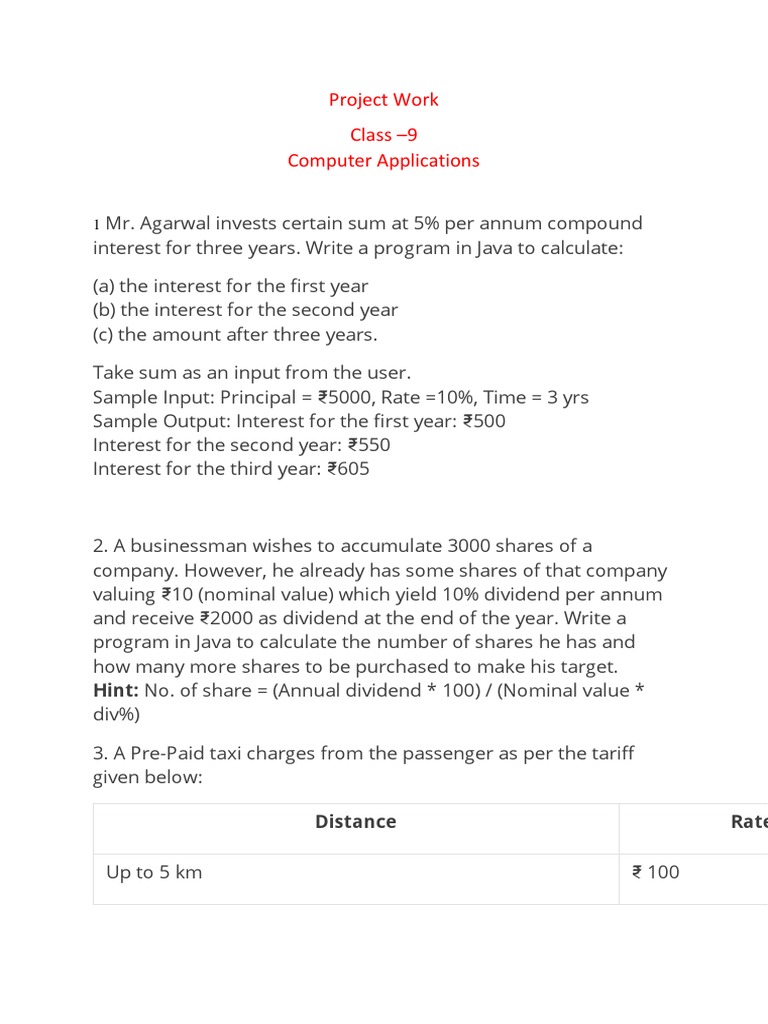 Project Work Class - 9 Computer Applications: Hint: No. of Share ...