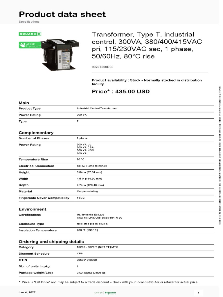 Industrial Control Transformers (Machine Tool) - 9070T300D33 | PDF