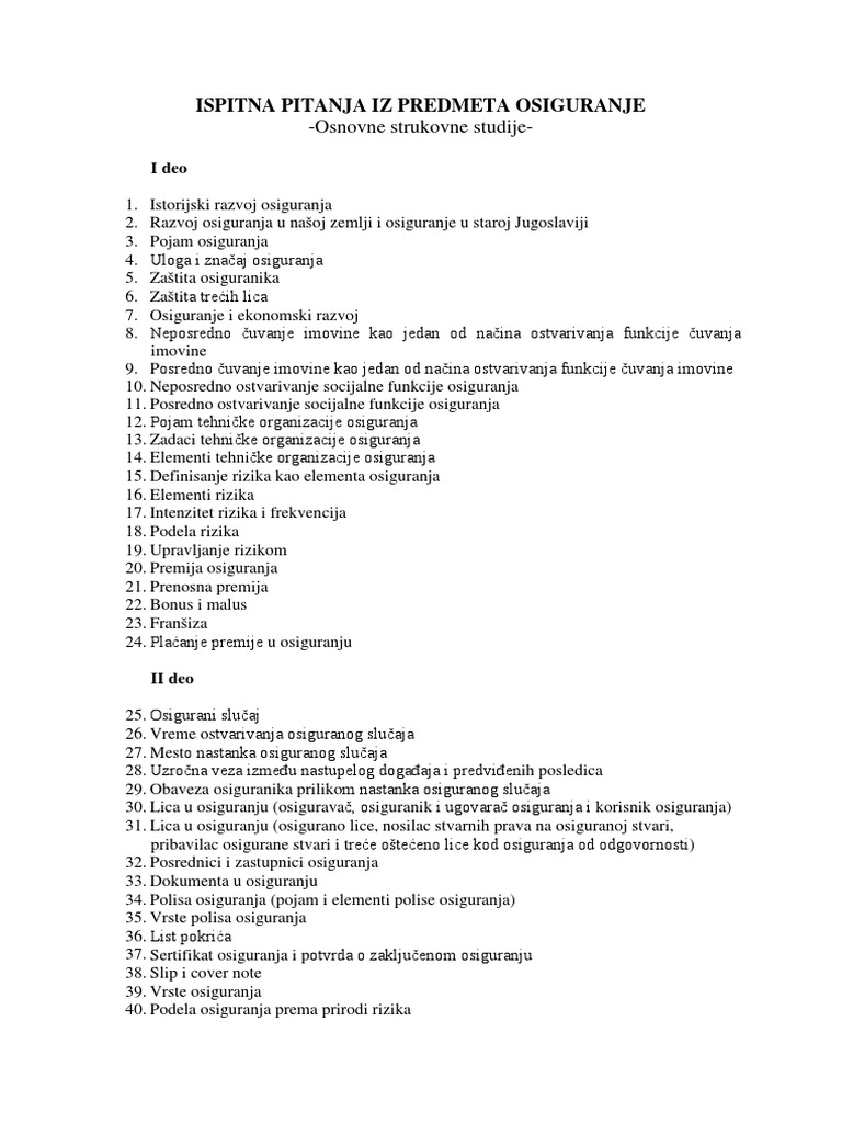 Ispitna Pitanja Iz Predmeta Osiguranje | PDF