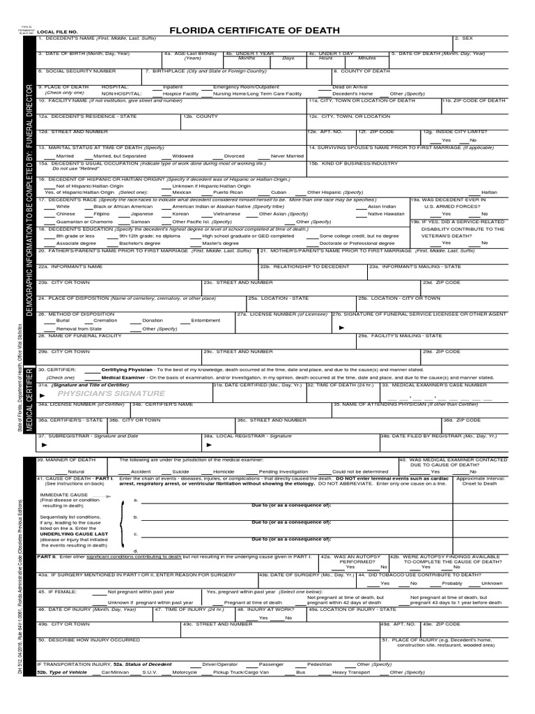 Florida Certificate of Death: Physician'S Signature | PDF | Death ...