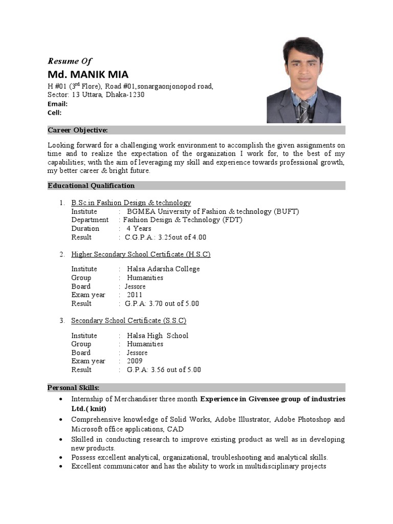 Resume of Md. Manik Mia | PDF